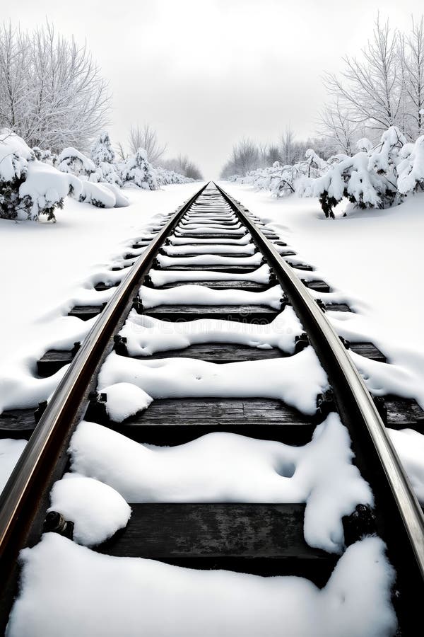 A Train Track Covered in Snow Next To a Forest Stock Photo - Image of ...