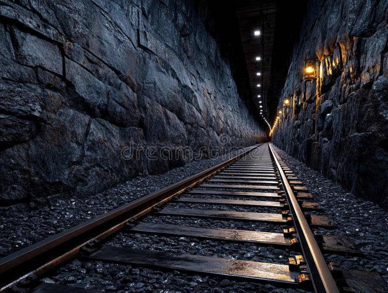 A Train Track Going through a Dark Tunnel with Lights on Stock Photo ...