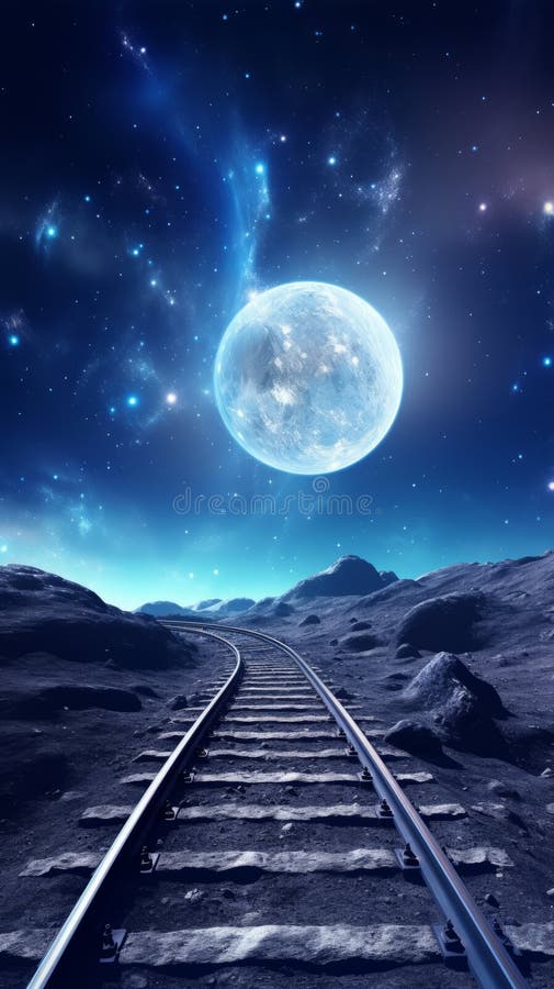 A Train Track Going through the Desert with a Full Moon in the ...