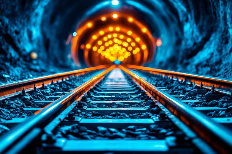 A Train Track Going through a Tunnel with Lights at the End Stock Image ...