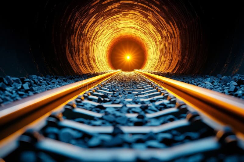 A Train Track Going through a Tunnel with the Sun Shining through it ...