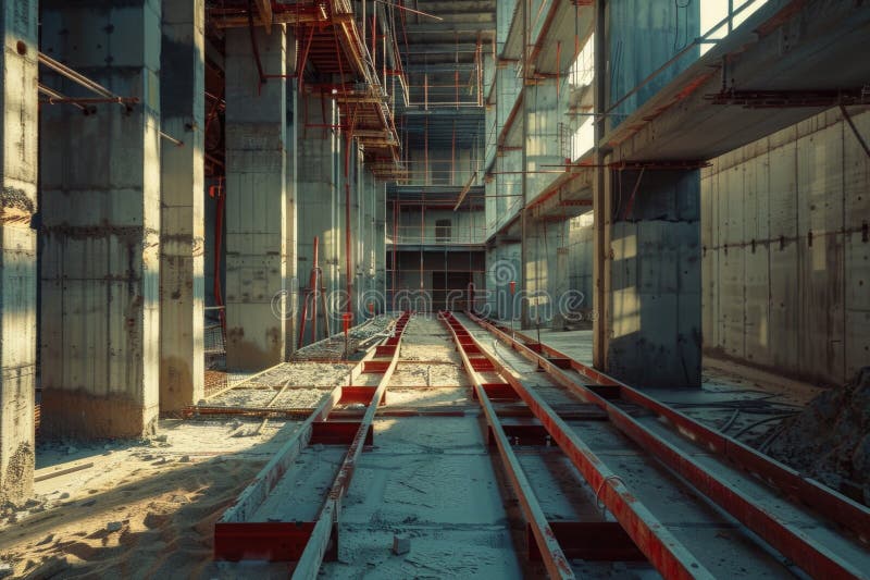 A Train Track Inside an Under-construction Building Stock Photo - Image ...