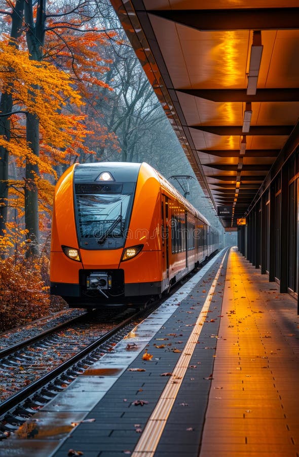 A Train is on a Track with Leaves on the Ground. the Train is Orange ...