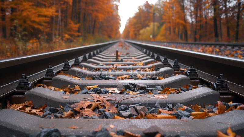 A Train Track with Leaves on it and Trees in the Background, AI Stock ...