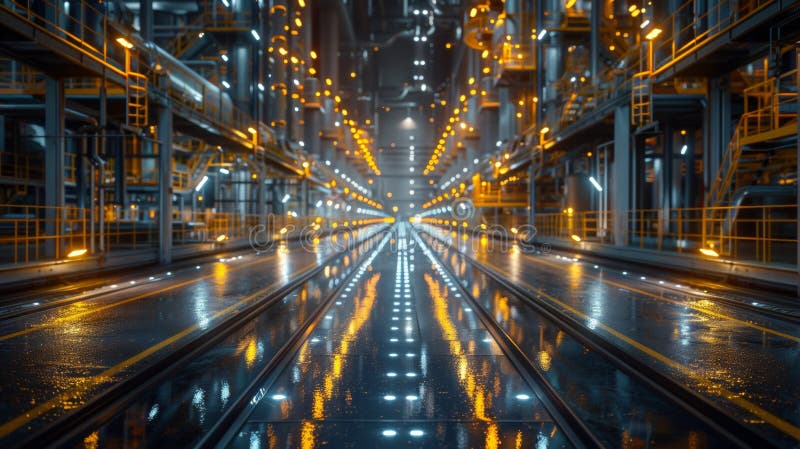 A Train Track with Lights on it in a Factory, AI Stock Photo - Image of ...