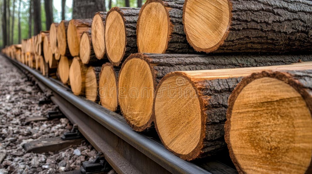 A Train Track with Logs on it Next To a Forest, AI Stock Image - Image ...