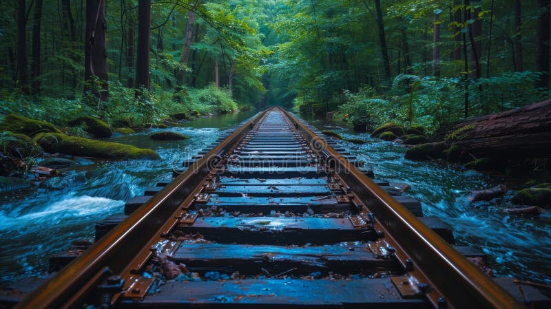 A Train Track through a Lush Green Forest, with a Clear Stream Running ...