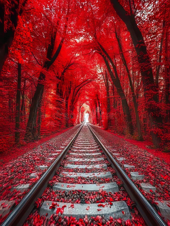 A Train Track in the Middle of a Forest Covered in Red Leaves Stock ...