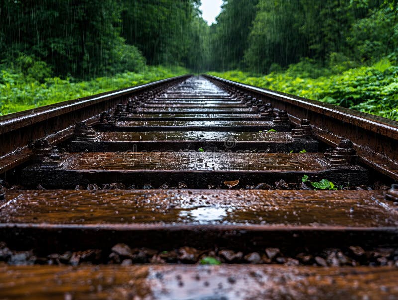 A Train Track in the Middle of a Forest in the Rain Stock Image - Image ...