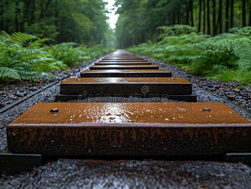 A Train Track in the Middle of a Forest in the Rain Stock Photo - Image ...