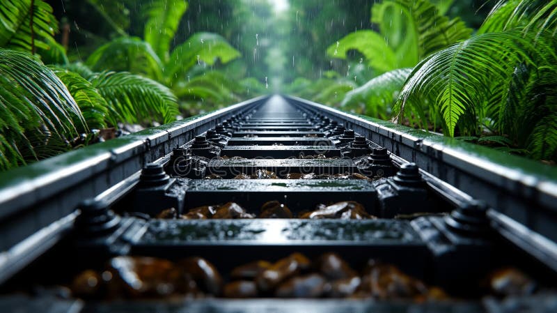 A Train Track in the Middle of a Lush Green Forest Stock Image - Image ...
