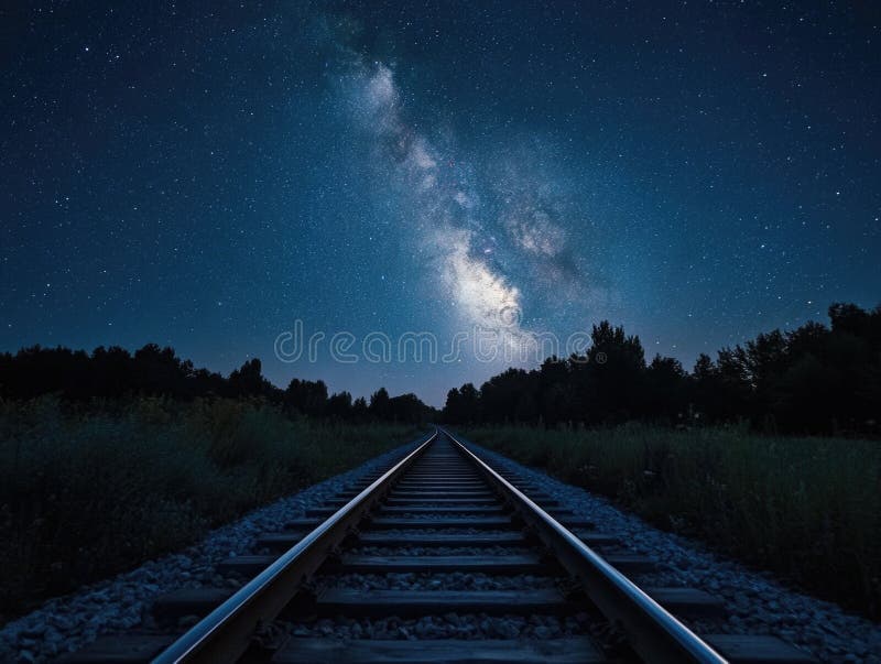 Train Track with Milky Way Background Stock Photo - Image of serene ...