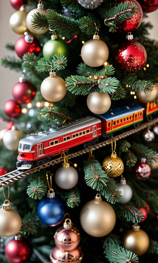 A Train is on the Train Track Near a Christmas Tree. Generative AI ...