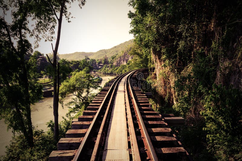Train Track with River and Mountain View in Thailand Stock Photo ...