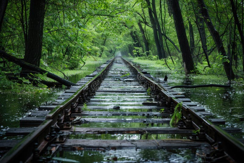 Train Track Running Dense Forest Surrounded Trees Foliage Stock Photos ...