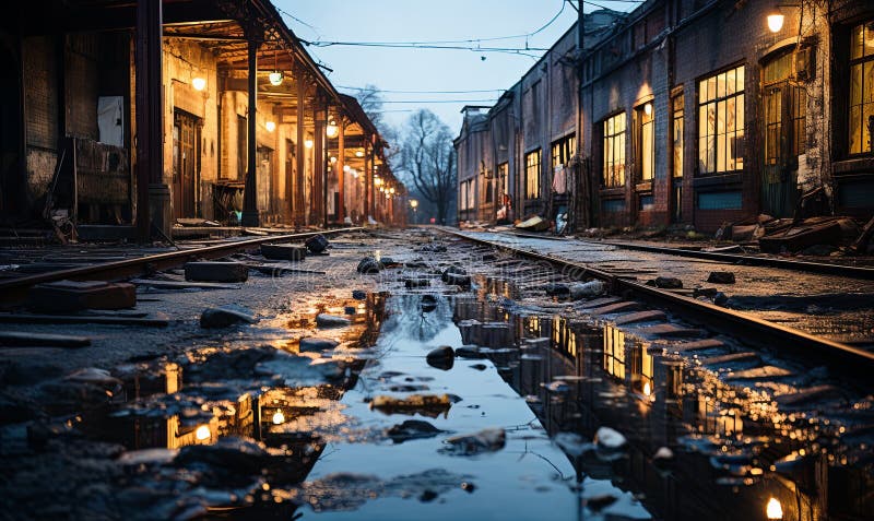 Train Track with Water Puddle Stock Image - Image of railway, weather ...