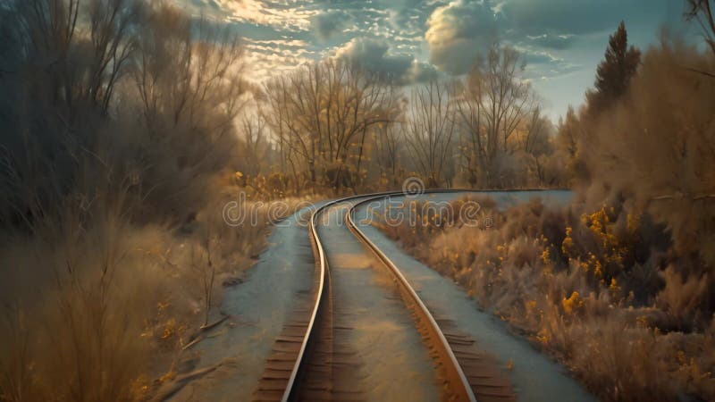 A Train Track Runs through a Thick Forest, Surrounded by Tall Trees and ...