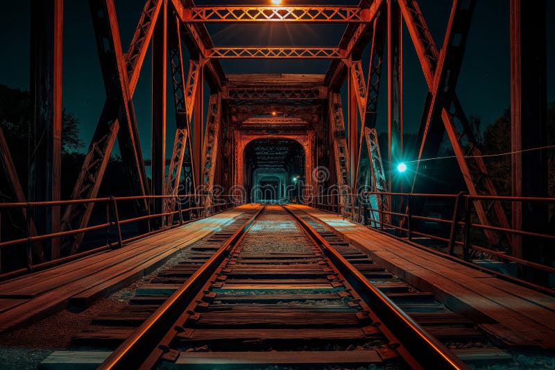 A Train Track is Shown in the Dark with a Bridge Over it Stock Image ...