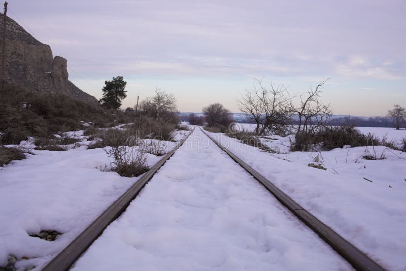Train Track with Snow on Its Surface, in a Winter Exterior Landscape ...