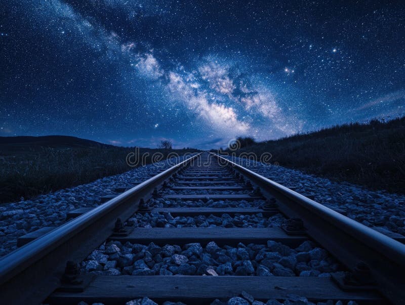 Train Track with Starry Night Sky Stock Photo - Image of celestial ...