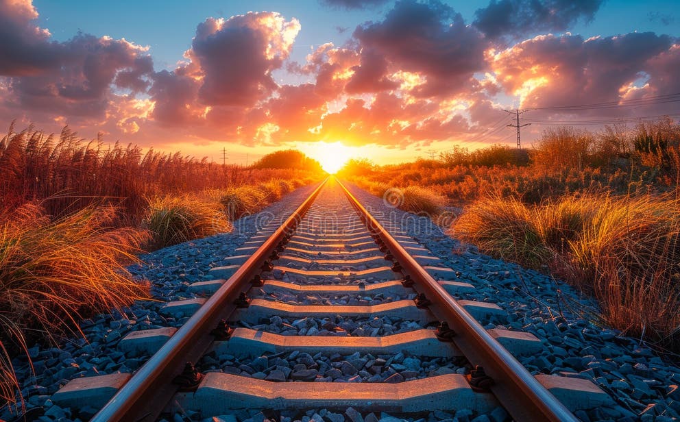 A Train Track with a Sunset in the Background Stock Photo - Image of ...