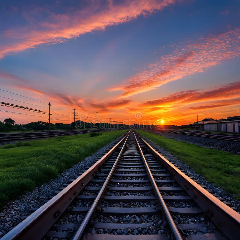 A Train Track in the Sunset. Generative Ai Stock Illustration ...