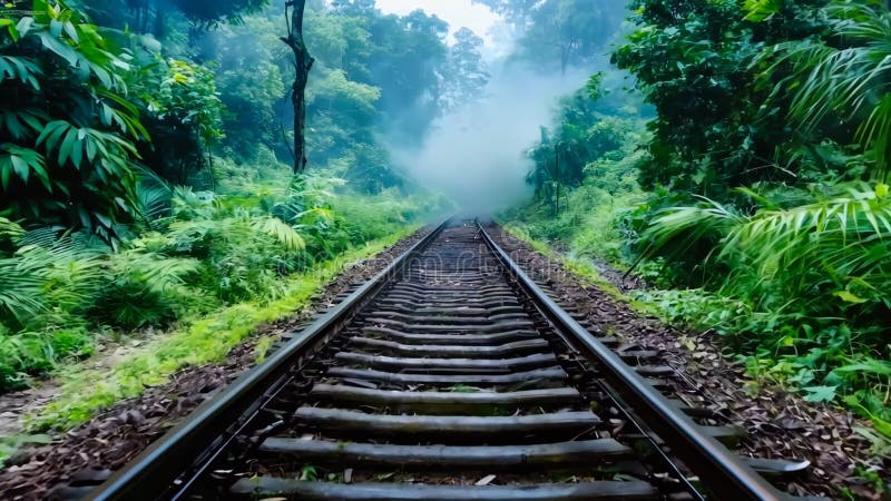A Train Track in the Middle of a Lush Green Forest Stock Footage ...