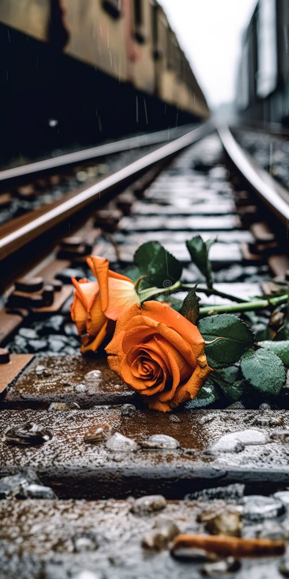 A Train Track with Three Orange Roses on it. Stock Image - Image of ...
