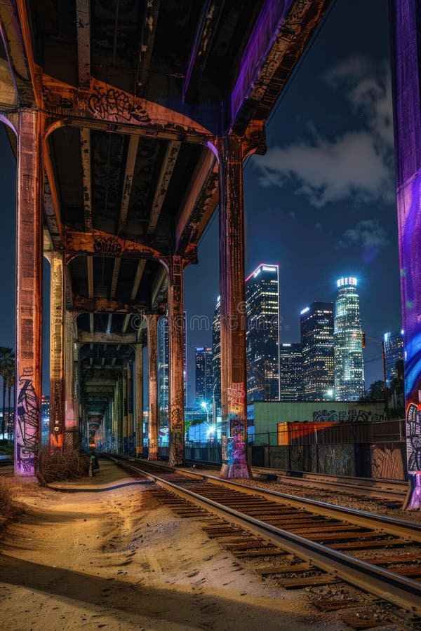 Train Track Under Bridge with Graffiti Stock Photo - Image of track ...