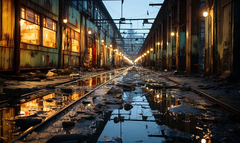 Train Track with Water Puddle Stock Image - Image of metal, puddle ...
