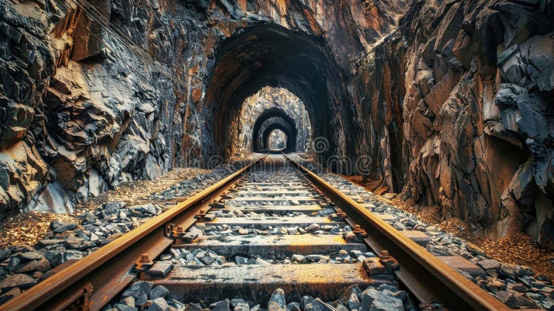 A Train Track Weaves Its Way through the Darkness of a Tunnel Deep ...