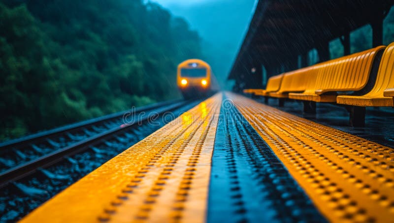 A Train is on a Track with a Yellow Line Stock Image - Image of journey ...