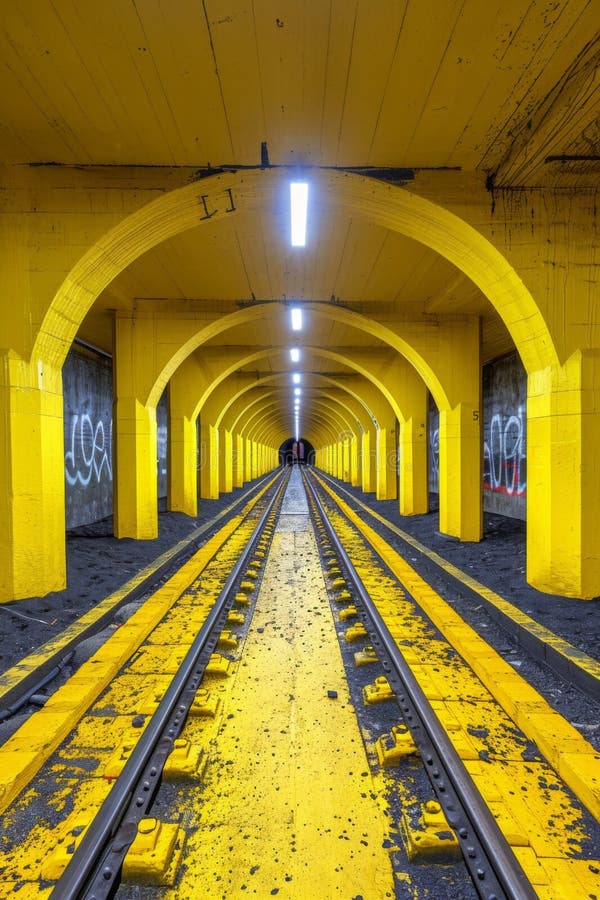 A Train Track with Yellow Walls and Graffiti on the Wall, AI Stock ...