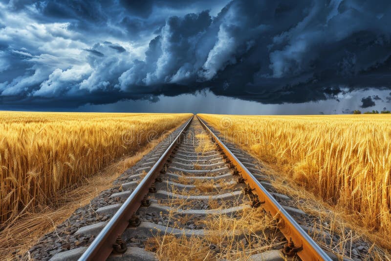 Train Tracks with Bright Yellow Wheat in Mustard Tones on Both Sides ...