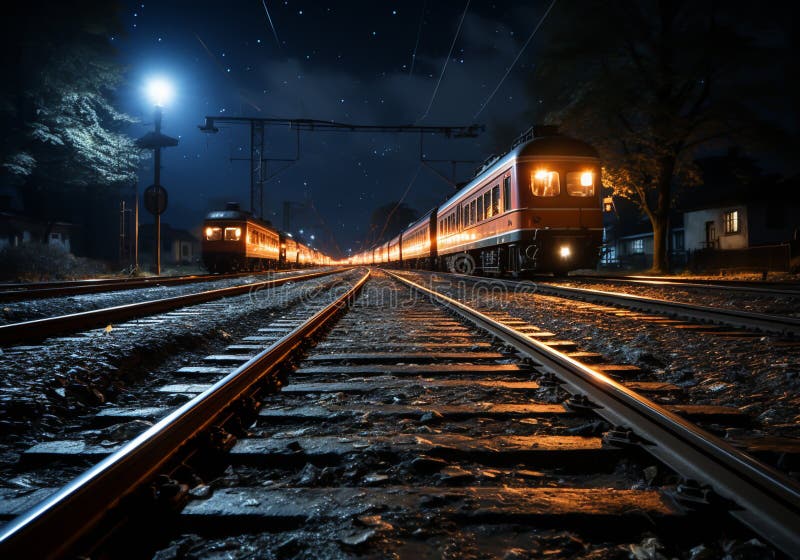 Train Tracks on a Dark Night. Transport Stock Image - Image of ...