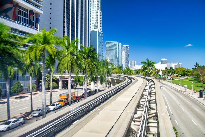 A Train on the Tracks in Downtown Miami Stock Photo - Image of modern ...