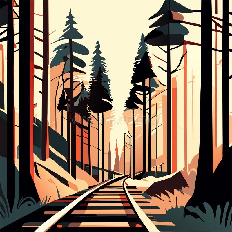 Train Tracks in the Forest. Vector Illustration in a Flat Style Stock ...