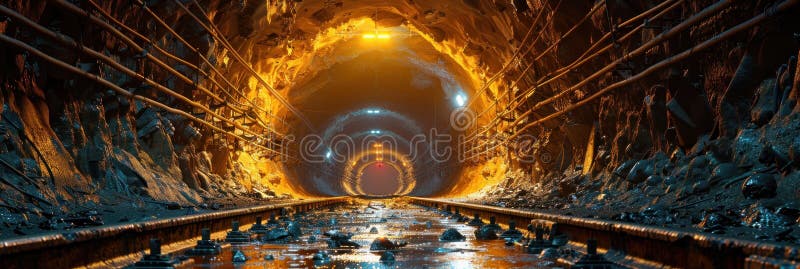 Train Tracks through a Glowing Cave Stock Illustration - Illustration ...