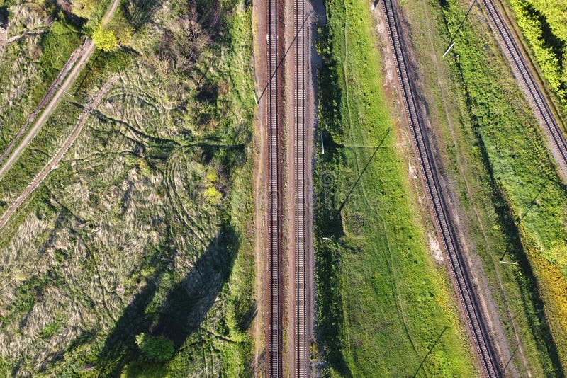 Train Tracks with Grass and Trees, Top View. Aerial View of Railways ...