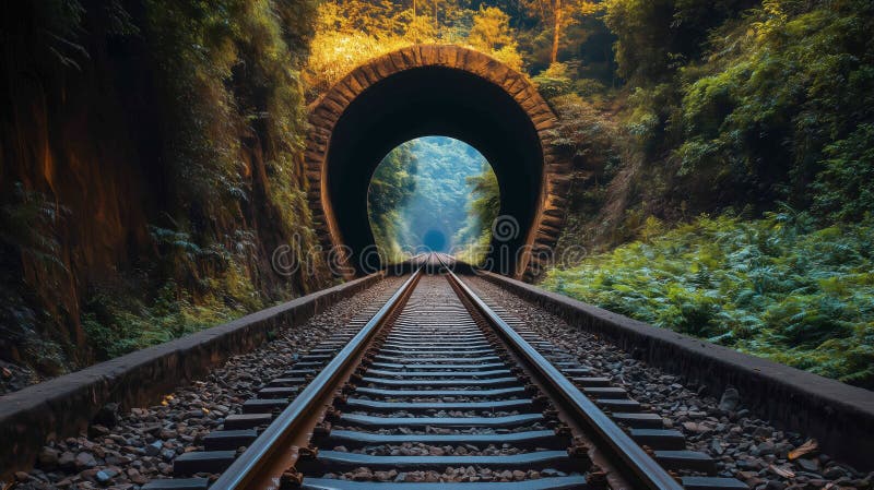 Train Tracks Leading through a Lush Forest Tunnel Bathed Stock Illustration - Illustration of ...