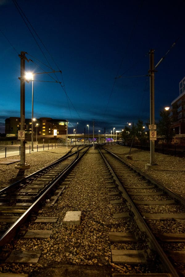 City Downtown Railway Tracks with Train Bridge at Night. Stock Image ...