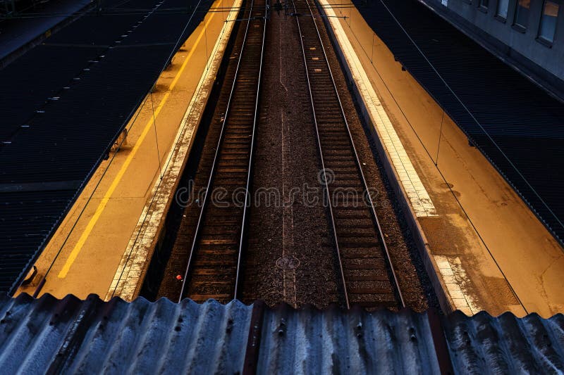 Train Tracks and Platform at Night Stock Photo - Image of service ...