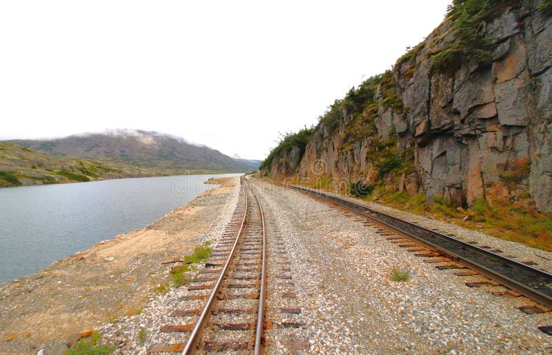 Train Tracks Running through a Mountain Range with a Stream Flowing ...