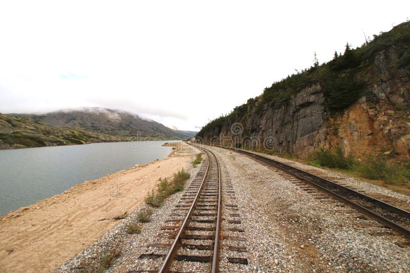 Train Tracks Running through a Mountain Range with a Stream Flowing ...