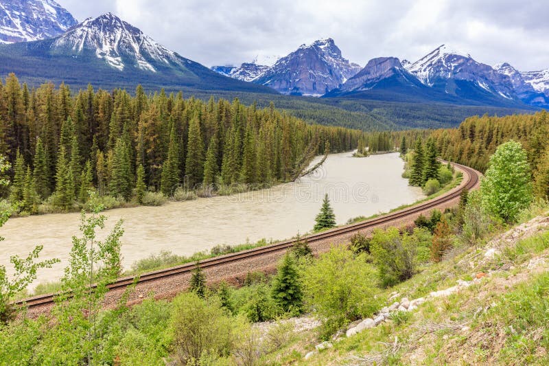 Banff Train Tracks with Sun 2 Stock Image - Image of forest, fairmont ...