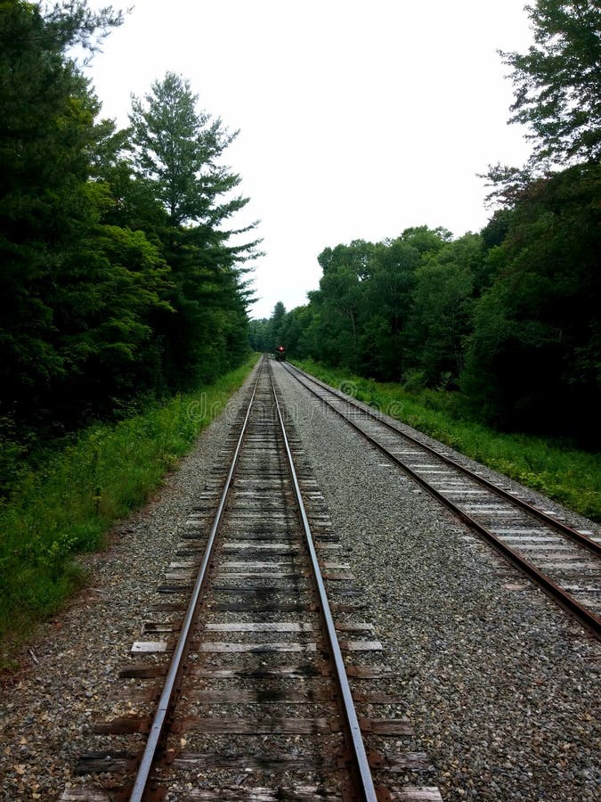 Train Tracks with Train in the Distance, Surrounded by Woods Stock ...