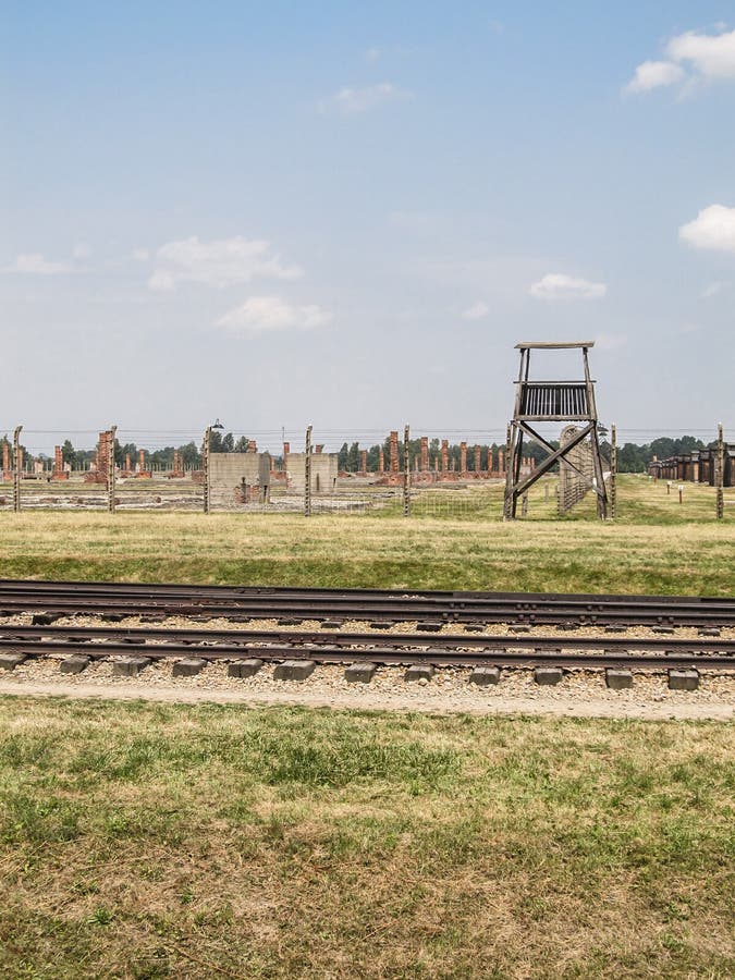Train Tracks and Watchtower in Auschwitz Editorial Photography - Image ...