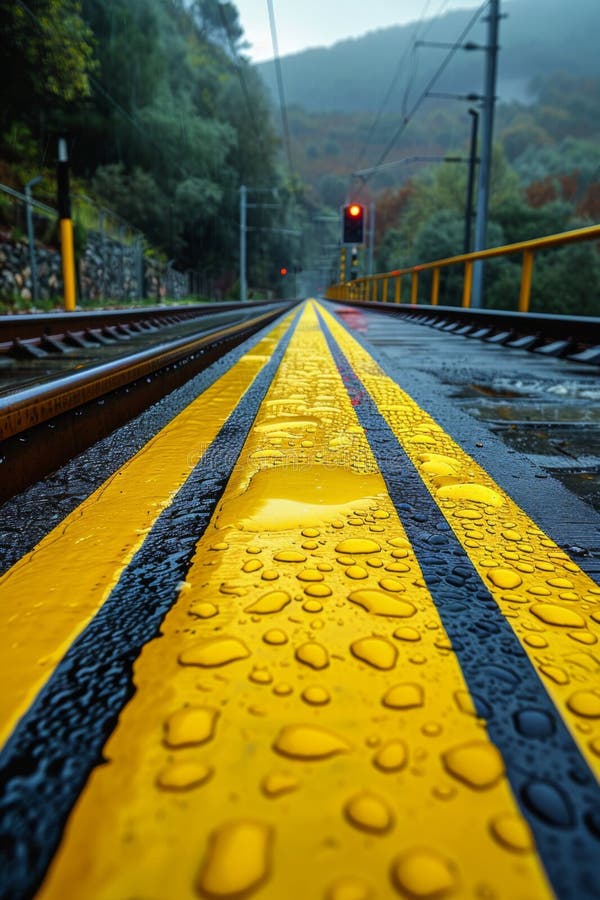 A Train Tracks with Water Droplets on Them and a Yellow Line, AI Stock ...