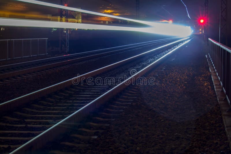 Train Trail with Red Light, Long Exposure Stock Image - Image of move ...