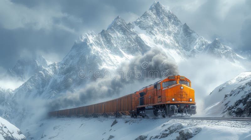 Train Transporting Cargo through Snowy Mountain Terrain, Showcasing ...